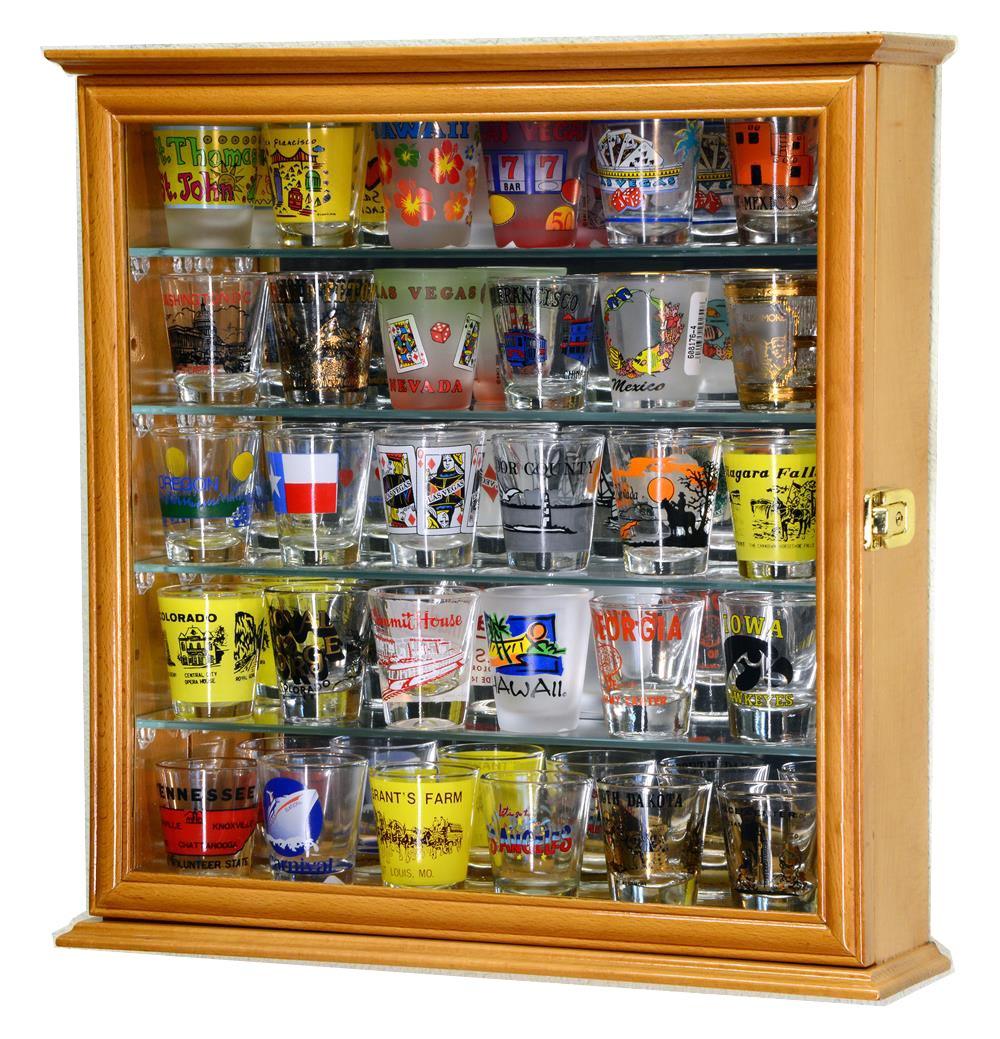 Mirror Backed and 4 Glass Shelves Shot Glass Display Case Cabinet
